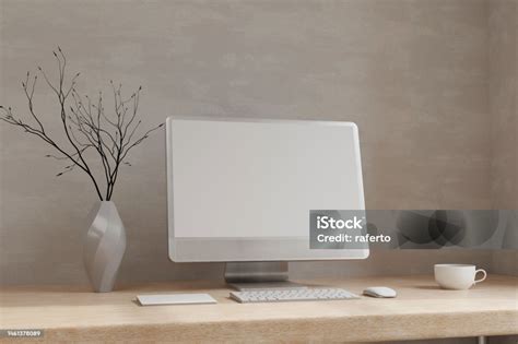 나무 테이블에 데스크톱 컴퓨터 모형이 있는 최소한의 스칸디나비아 작업 공간 3d 렌더링 0명에 대한 스톡 사진 및 기타 이미지 0명 3차원 형태 가정의 방 Istock