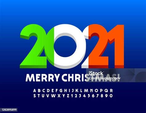 이탈리아 국기와 벡터 인사말 카드 메리 크리스마스 2021 화이트 우아한 알파벳 문자 및 숫자 세트 12월에 대한 스톡 벡터