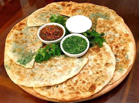 Afghan Bolani With Sauces And Herbs Traditional Afghan Cuisine