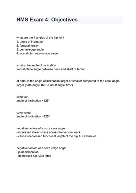 Hms Exam 4 Objectives What Are The 4 Angles Of The Hip Joint 1 Angle Of Inclination 2 Femoral