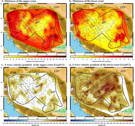 Interpolated Thickness Of A Upper Crust Excluding Sediments And B Download Scientific
