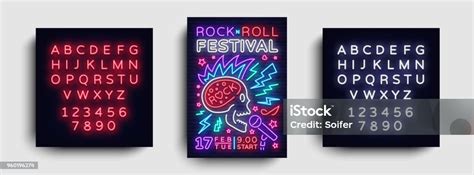 록 음악 축제 전단지 디자인 서식 파일입니다 바위와 롤 네온 사인 배너 디자인 락 콘서트 초대 네온 스타일 브로슈어 인쇄 술 빛 네온 광고 벡터입니다 편집 텍스트 네온 사인