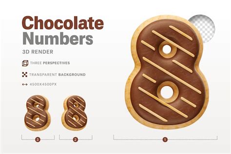 투명한 배경을 가진 3d 렌더링에서 초콜릿 도넛 모양의 현실적인 숫자 8 프리미엄 Psd 파일