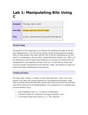 Lab Spec Pdf Lab Manipulating Bits Using C Assigned Thursday April Due Date Sunday