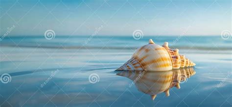 Close Up Of A Beige Seashell On The Water With Its Reflection On The Surface Of The Water Stock
