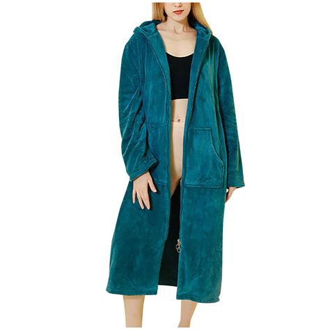 Hotojiny Fleece Robes For Women Hooded Plush Zipper Front Long Bathrobe