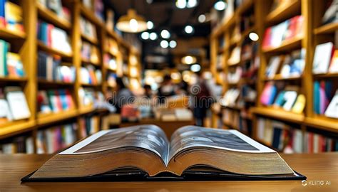 fuzzy library in the background and an open textbook in the foreground stock image image of