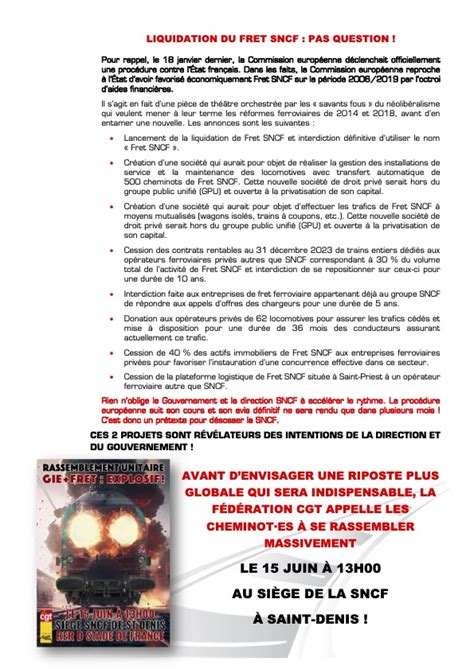 Fret Ferroviaire La Fédération Cgt Des Cheminots Appelle à Se Rassembler Le 15 Juin 2023 Au