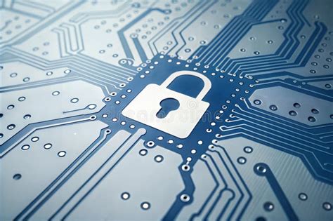 secure circuit board with padlock symbol protecting digital data stock