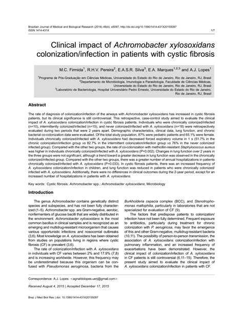 Pdf Clinical Impact Of Achromobacter Xylosoxidans Colonization