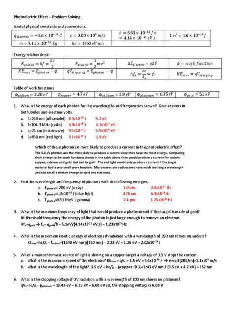 Photoelectric Effect Problems Answers Pdf Electronvolt Radiation