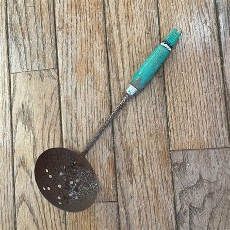 Vintage Kitchen Vintage Antique Farmhouse Rustic Ladel Pickle Strainer W Wooden Handle