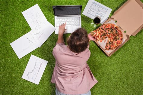 종이에 인쇄 된 그래픽과 차트가있는 노트북을 사용하여 잔디에서 일하는 피자와 와인 한 잔과 함께 점심을 먹는 여성 건강에 좋지 않은 음식에 대한 스톡 사진 및 기타 이미지