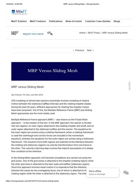 Mrf Versus Sliding Mesh Mixing Solution Pdf Simulation