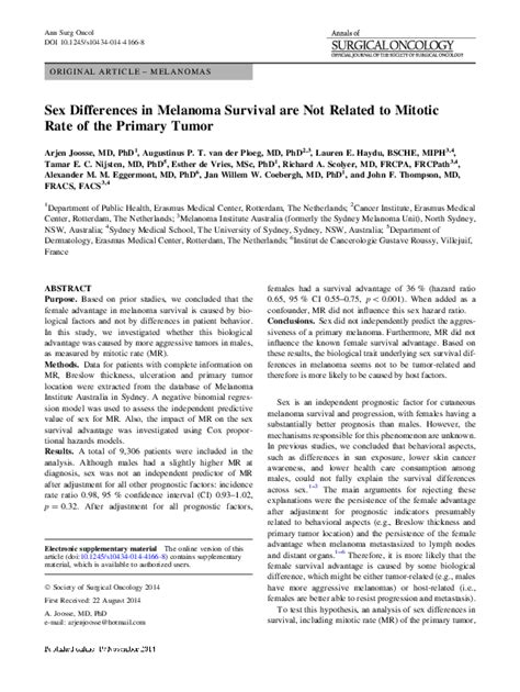 Pdf Sex Differences In Melanoma Survival Are Not Related To Mitotic