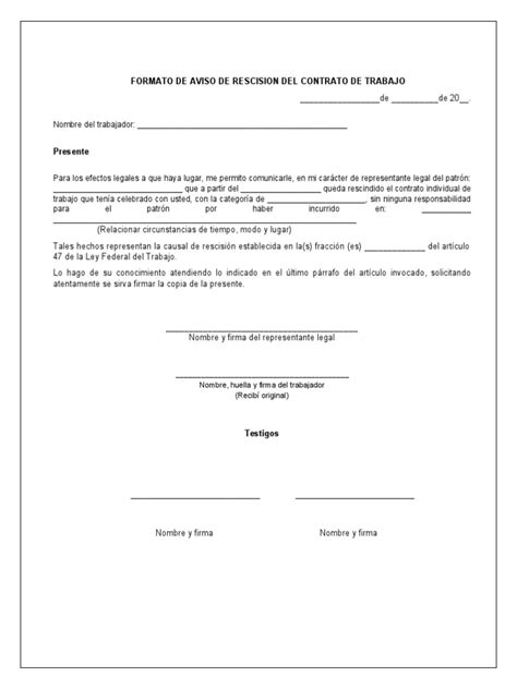 06 Formato De Aviso De Rescision Del Contrato De Trabajo Pdf