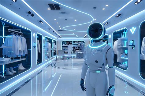Futuristic Retail Automated Store Design With Robot Assistance And Neon Lighting Transforming