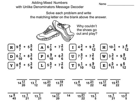 adding mixed numbers with unlike denominators activity math message