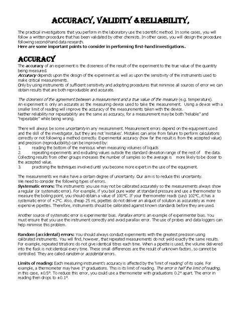 Accuracy Reliability Validity Accuracy Validity Andreliability The Practical Investigations