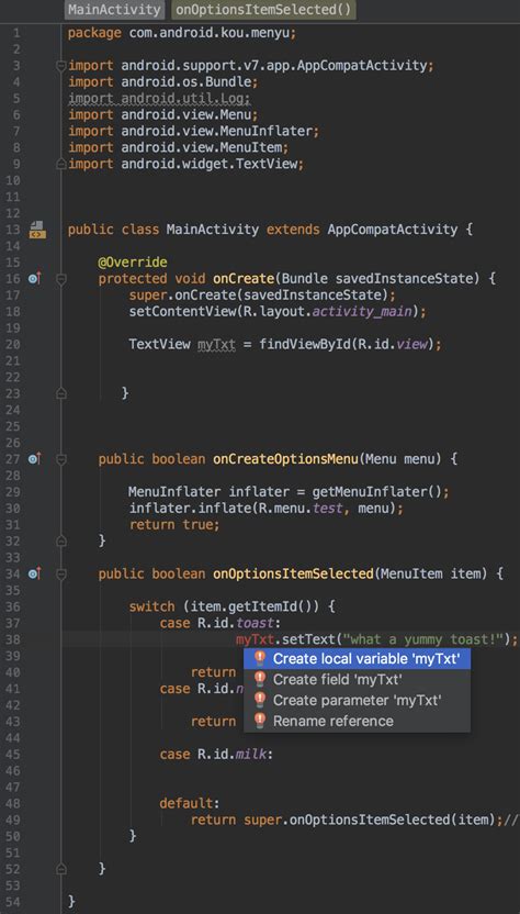 Android Textview Not Resolved Inside Onoptionsitemselectedmenuitem