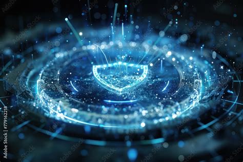 Take A Photo Of A Holographic Projection Of A Cybersecurity Interface With A Shield Icon At The