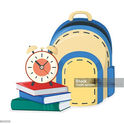 교과서 학교 책 과 배낭 흰색 만화 벡터 일러스트에 고립 된 알람 아이콘 학교로 돌아가서 대학 및 종교 교육원에서 공부를 위한 물품 0명에 대한 스톡 벡터 아트 및 기타