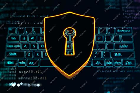 파란색 키보드 배경 3d 렌더링에 키홀이 있는 디지털 다크 실드의 전면 보기를 통한 사이버 보안 및 데이터 보호 개념 프리미엄 사진