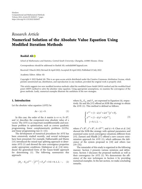 Pdf Numerical Solution Of The Absolute Value Equation Using Modified Iteration Methods