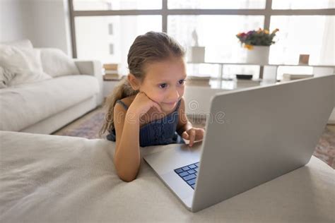 Curious Preteen Girl Spend Time At Home Alone Using Notebook Stock Image Image Of Dangerous