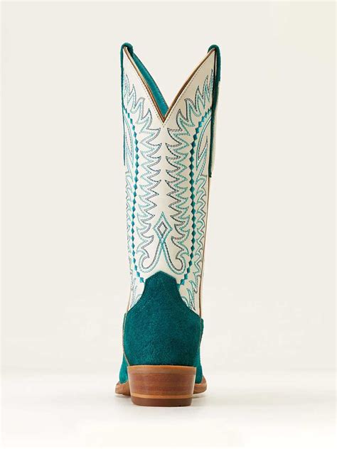 White And Teal Vegan Suede Square Toe Embroidered Mid Calf Cowgirl Boots