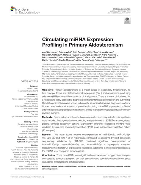 Pdf Circulating Mirna Expression Profiling In Primary Aldosteronism