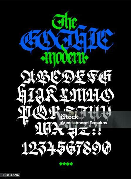 현대 고딕 전체 영어 알파벳 중세 라틴어 대문자 디자인에 대한 징후와 기호 고대 유럽 스타일 서예와 글자 고딕 양식의 수치