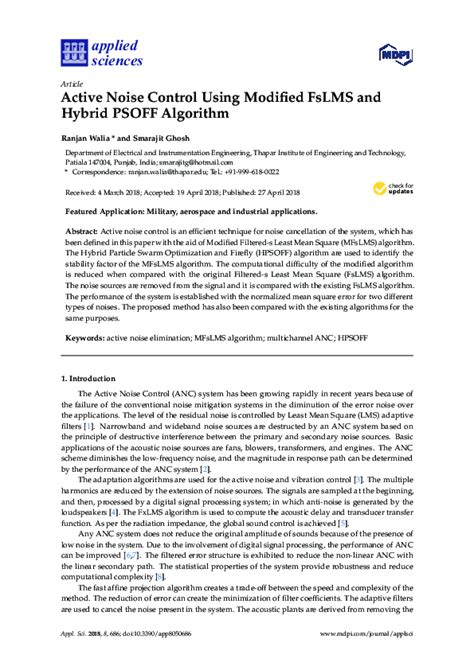 Pdf Active Noise Control Using Modified Fslms And Hybrid Psoff Algorithm