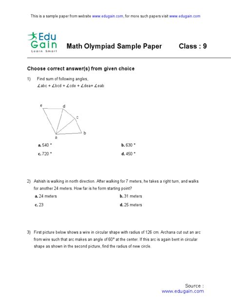 Class 7 Maths Olympiad Practice Problems Edugain Metre Space