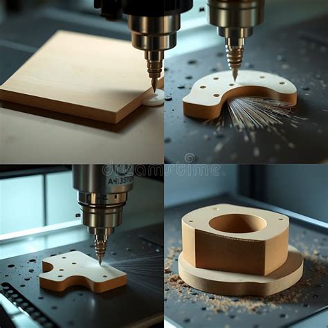 A Series Of Images Capturing A CNC Machines Cutting Process Focusing On The Workpiece Being
