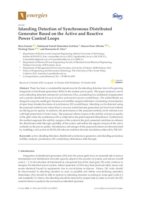Pdf Islanding Detection Of Synchronous Distributed Generator Based On The Active And Reactive