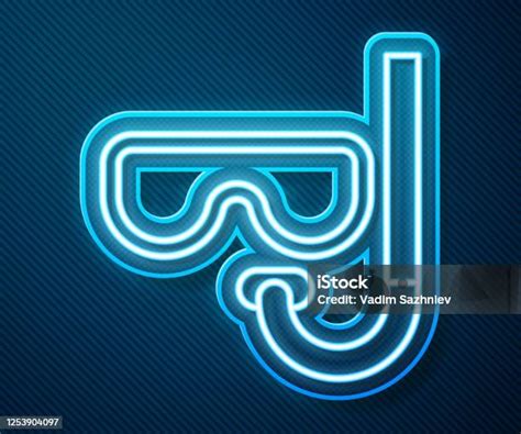 빛나는 네온 라인 다이빙 마스크와 파란색 배경에 격리 스노클링 아이콘 익스트림 스포츠 다이빙 수중 장비 벡터 일러스트레이션 고무에 대한 스톡 벡터 아트 및 기타 이미지