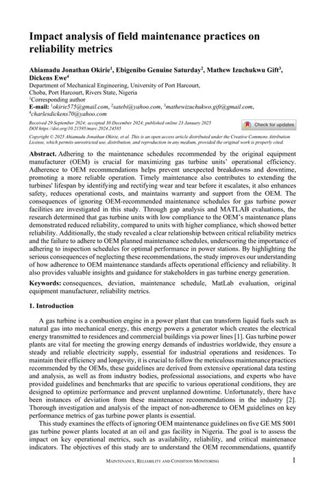 Pdf Impact Analysis Of Field Maintenance Practices On Reliability Metrics