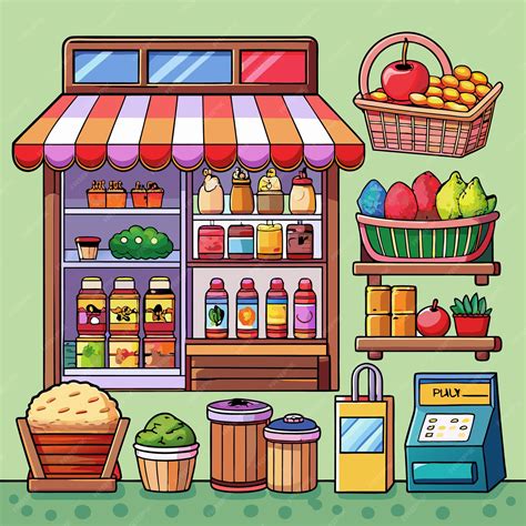 Premium Vector Colorful Cartoon Grocery Store With Products Shelves