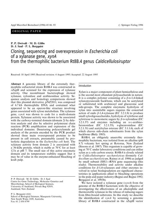Pdf Cloning Sequencing And Overexpression In Escherichia Coli Of A Xylanase Gene Xyna From