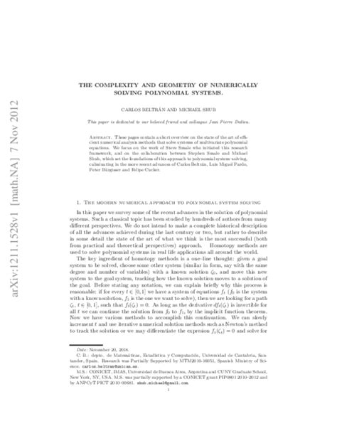 Pdf The Complexity And Geometry Of Numerically Solving Polynomial Systems