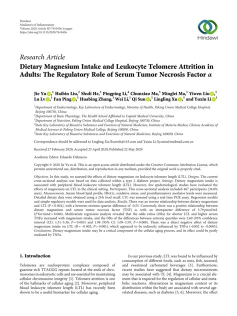 Pdf Dietary Magnesium Intake And Leukocyte Telomere Attrition In Adults The Regulatory Role