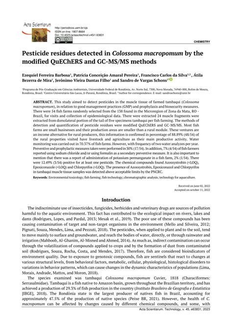 Pdf Pesticide Residues Detected In Colossoma Macropomum By The