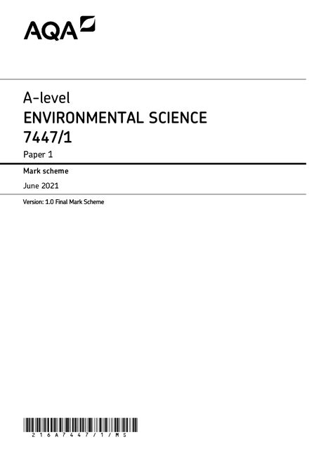 Aqa A Level Environmental Science 7447 1 Paper 1 Mark Scheme June 2021