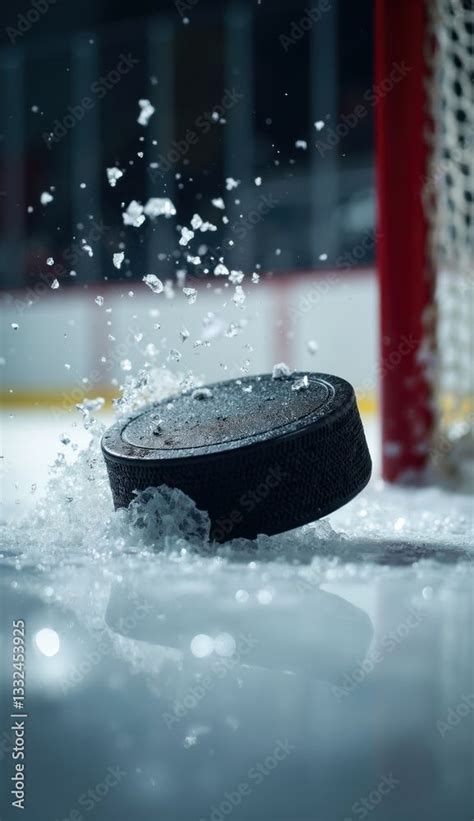 Hockey Puck In Motion With Ice Splashes Near The Goal Concept Of Ice Hockey Dynamics Hockey