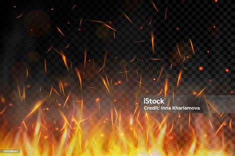 불 투명한 배경에서 불꽃이 날아오다 검은 색에 연기와 빛나는 입자 디자인에 보케 효과가 있는 사실적인 조명이 스파크됩니다 벡터 그림입니다 강철에 대한 스톡 벡터 아트 및