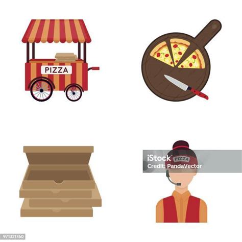 모바일 트레일러 피자 상자 세일즈 맨에 대 한 보드를 절단 피자와 피자 만화 스타일 벡터 기호 재고 일러스트 웹에서 컬렉션