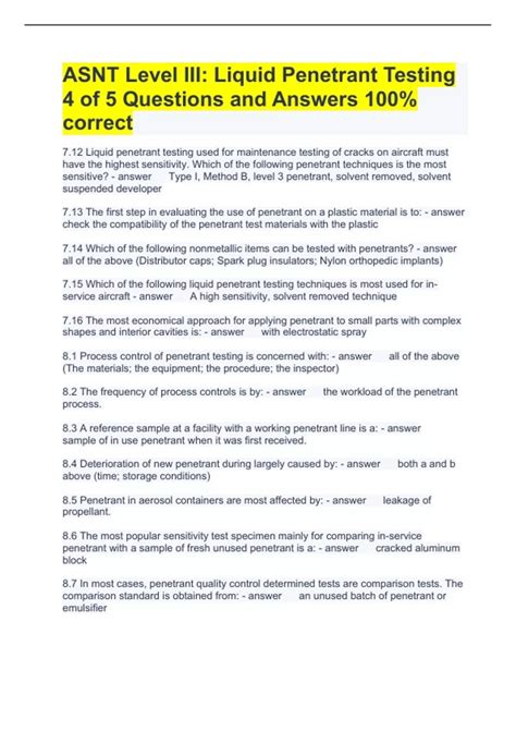 ASNT Level III Liquid Penetrant Testing Of Questions And Answers Correct ASNT
