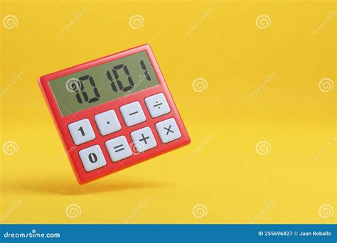 Red Calculator With Binary Code On Yellow Background With Copy Space