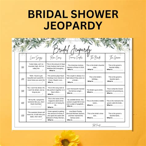 Bridal Jeopardy Printable Bridal Shower Game Bachelorette Jeopardy Game Cards Bridal